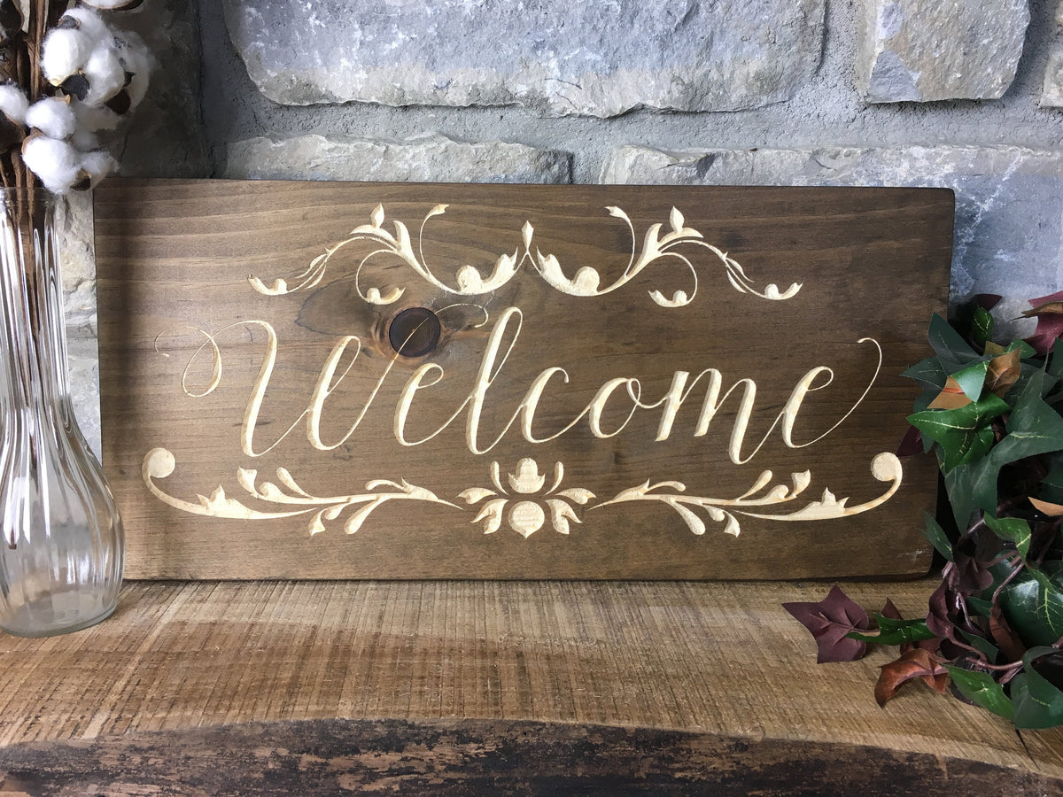 Welcome Sign Wood Welcome Sign for Wall Carved 9"x19" Script Wedding C ...